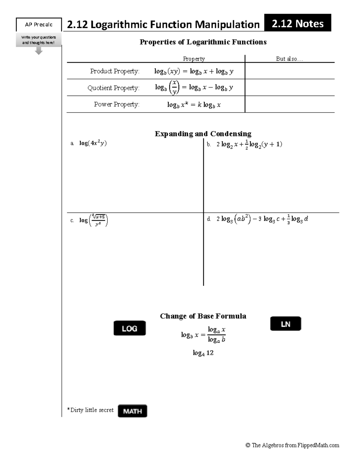 AP Precalc 2.12 Logarithmic Function Manipulation Worksheet - Studocu