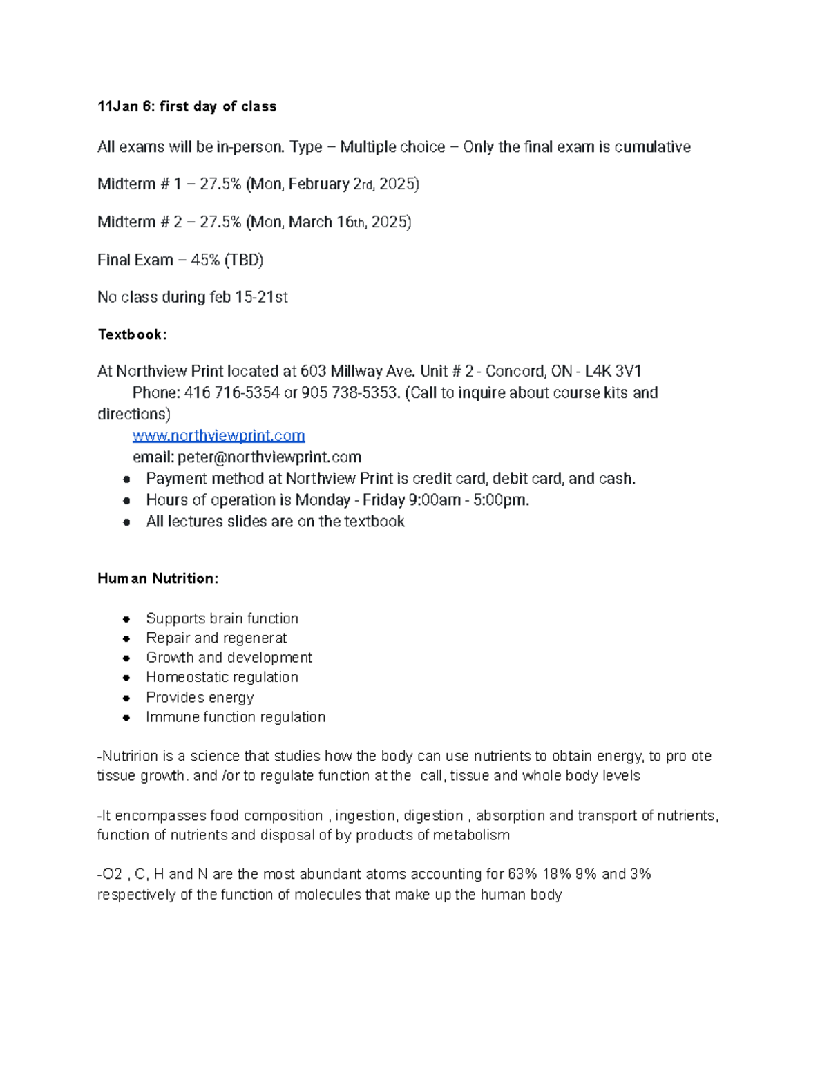 4020 Notes: Human Nutrition - Class Overview and Exam Details - Studocu