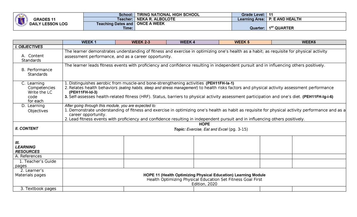 Grade 11 P - Daily Lesson Log for P.E and Health (1st Quarter) - Studocu