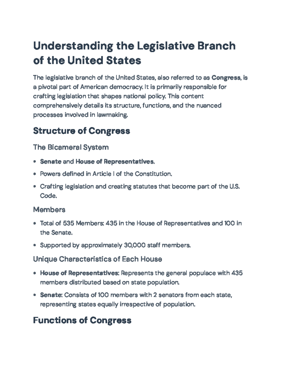 Understanding the Structure and Functions of the U.S. Legislative Branch - Understanding the ...
