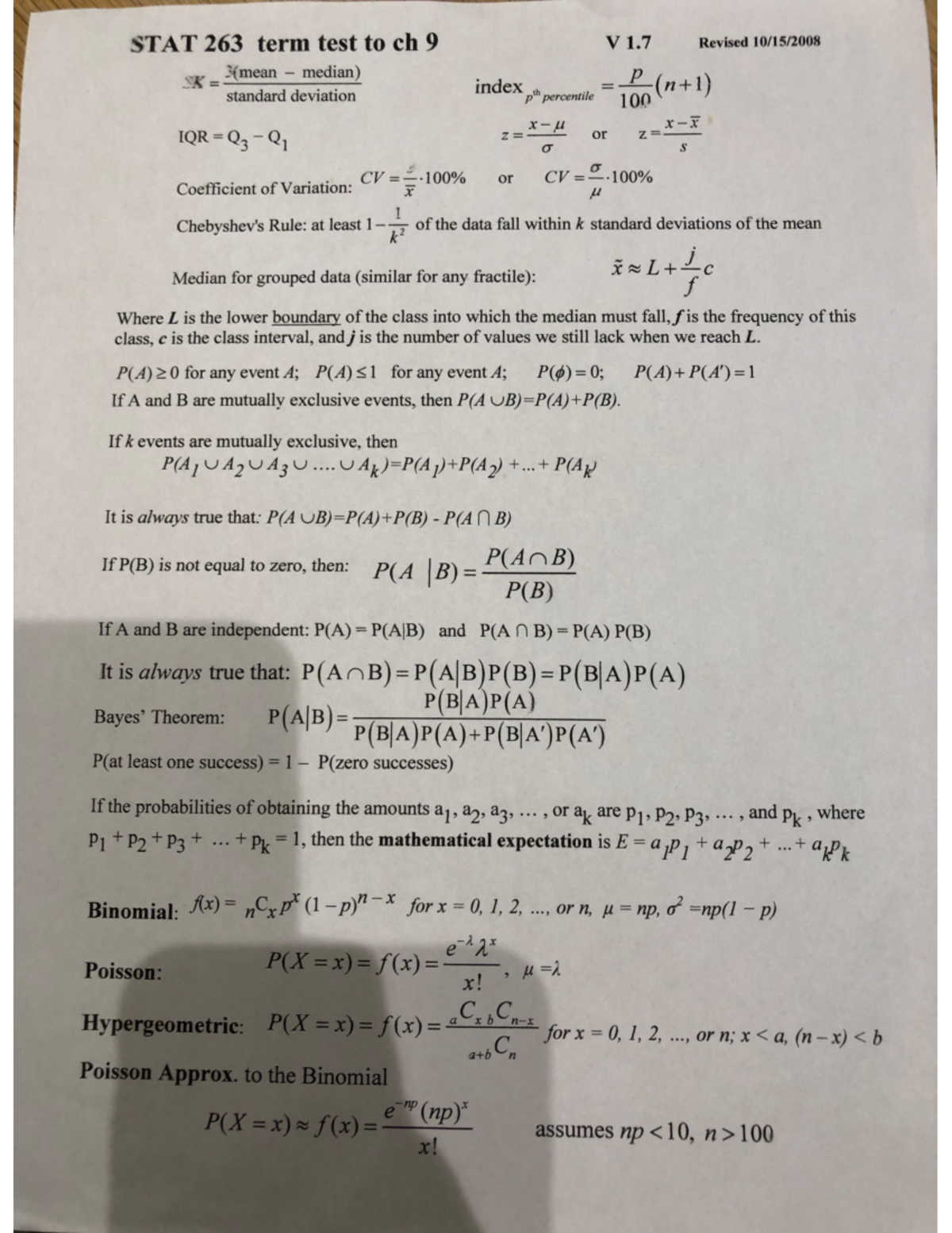 Stats term test sheet - Stat 263 - Studocu