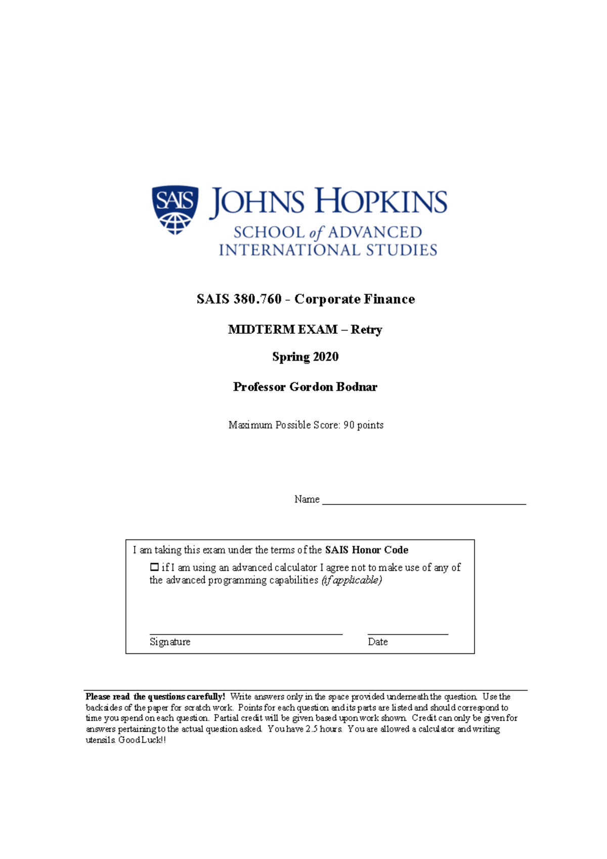 Corporate Finance CF midterm practice 2020 - SAIS 380 - Corporate ...