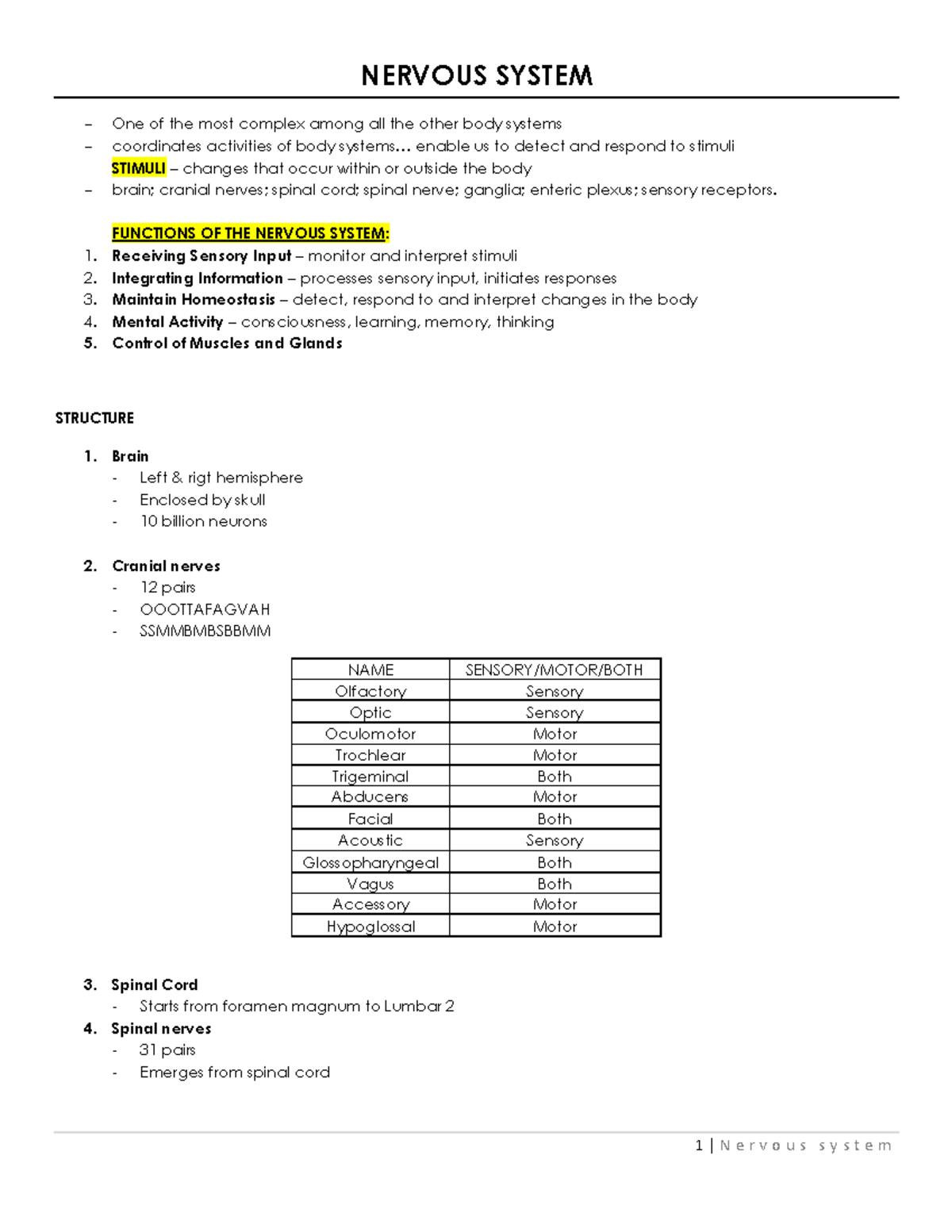 Nervous System Overview: Structure & Functions - Lecture Notes - Studocu