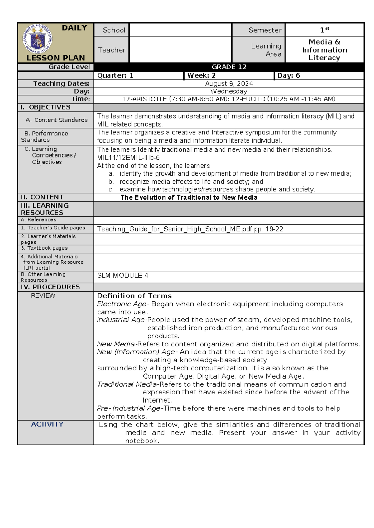 MIL Q1 Week 2 Day 6 - Lesson Plan on Media & Information Literacy - Studocu