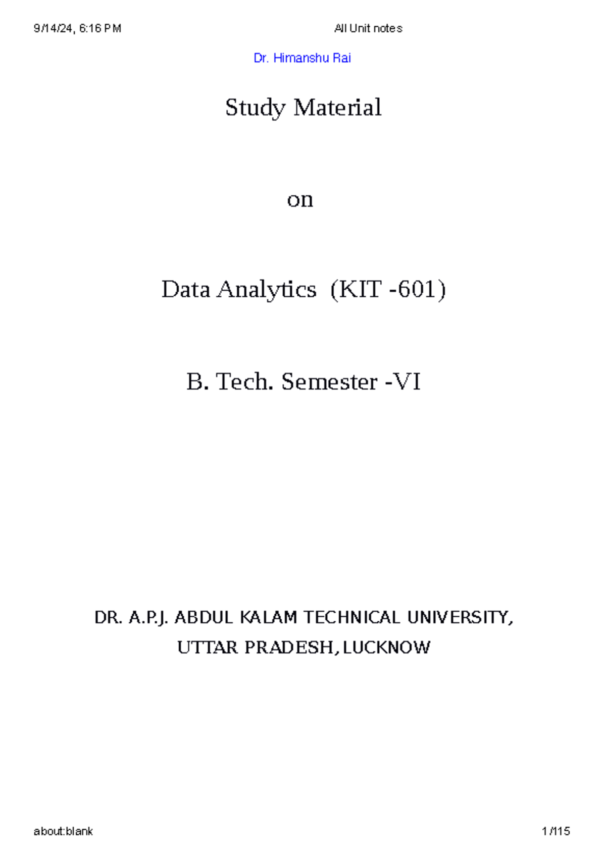 KIT-601 Data Analytics Lecture Notes: Comprehensive Unit Overview - Studocu