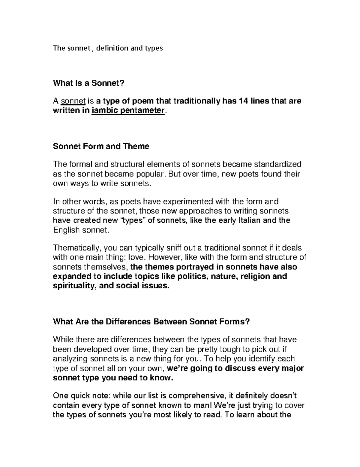 Sonnet Overview: Definition, Forms, and Themes Explained - Studocu