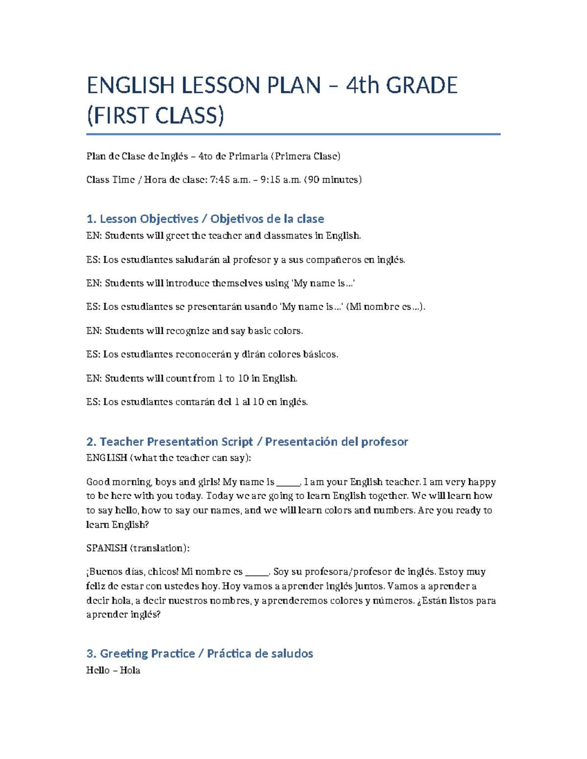 ENGLISH LESSON PLAN – 4TH GRADE (BILINGUAL) - Studocu