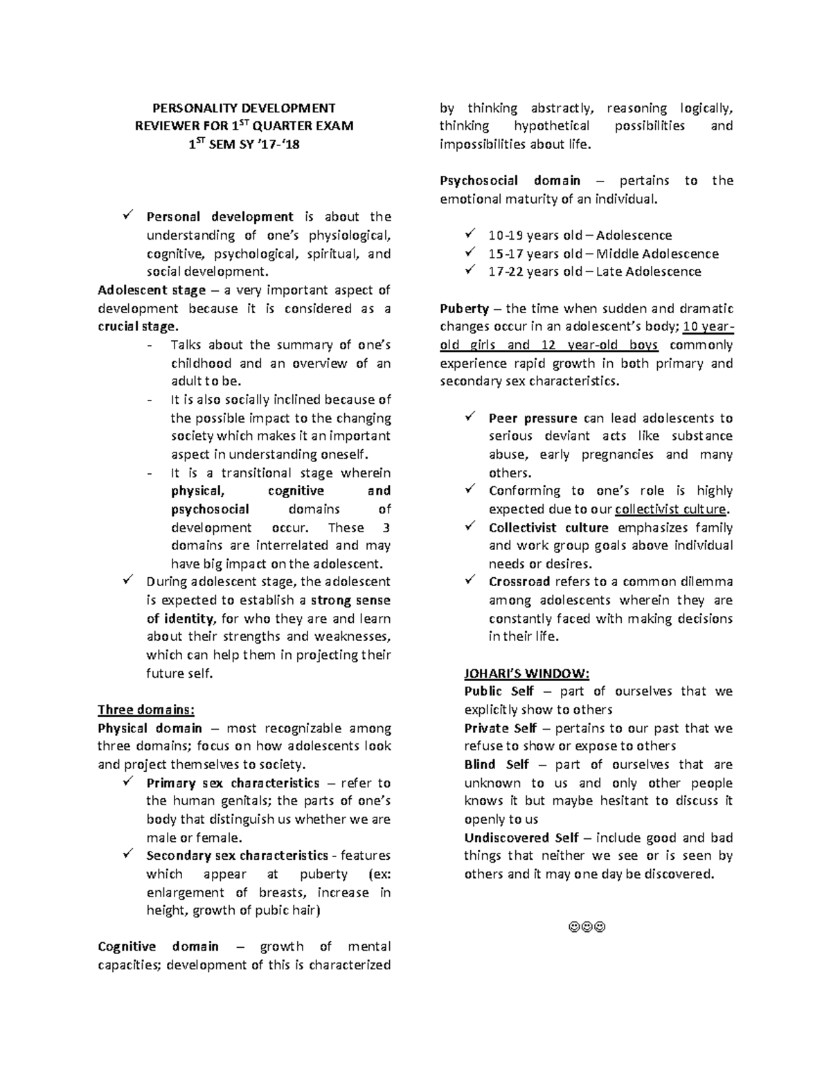 PD-Q1-Reviewer: Personality Development Lecture Notes 1-4 - Studocu