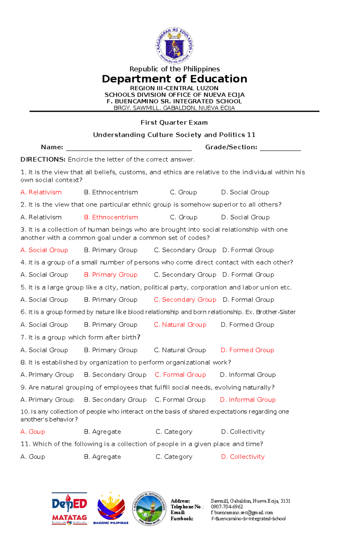 1ST Quarter UCSP Exam Review with Answer Key for Grade 11 - Studocu