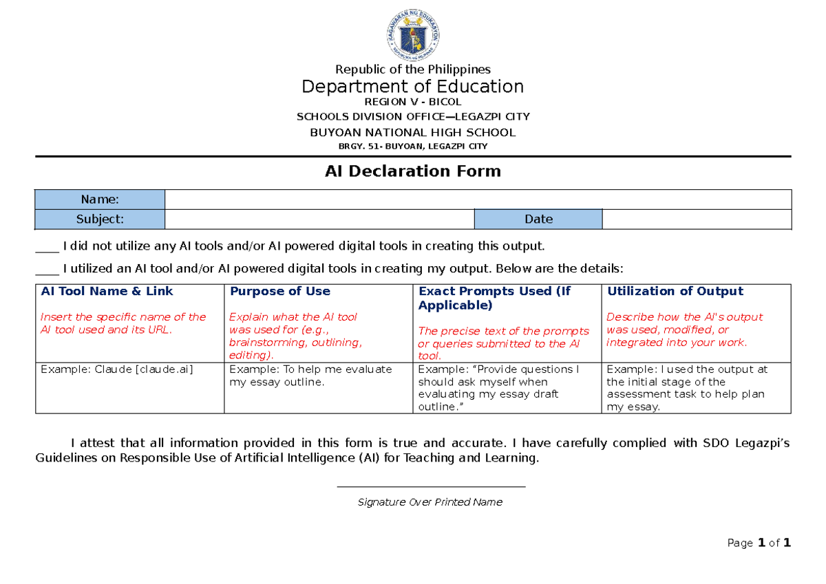 AI Declaration Form - Responsible Use of AI Tools in Education - Studocu