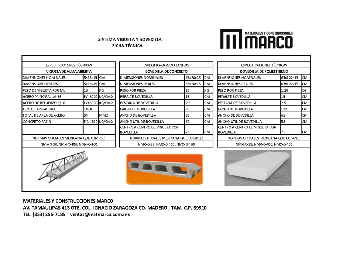 Ficha Técnica: Sistema Vigueta y Bovedilla - Dimensiones y ...