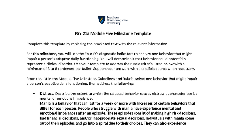 PSY 215 Module Five Milestone Template - PSY 215 Module Five Milestone ...