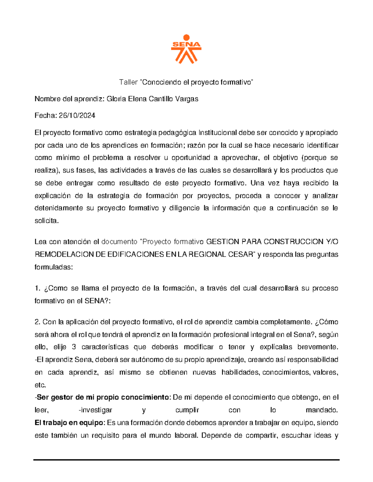 Taller 4: Conociendo el Proyecto Formativo en Educación SENA - Studocu