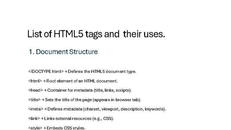 HTML5 Tags and Their Uses: A Comprehensive Guide - Studocu