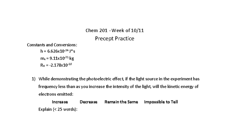 Chem 201 Week 10 Worksheet: Precept Practice on Constants & Conversions - Studocu