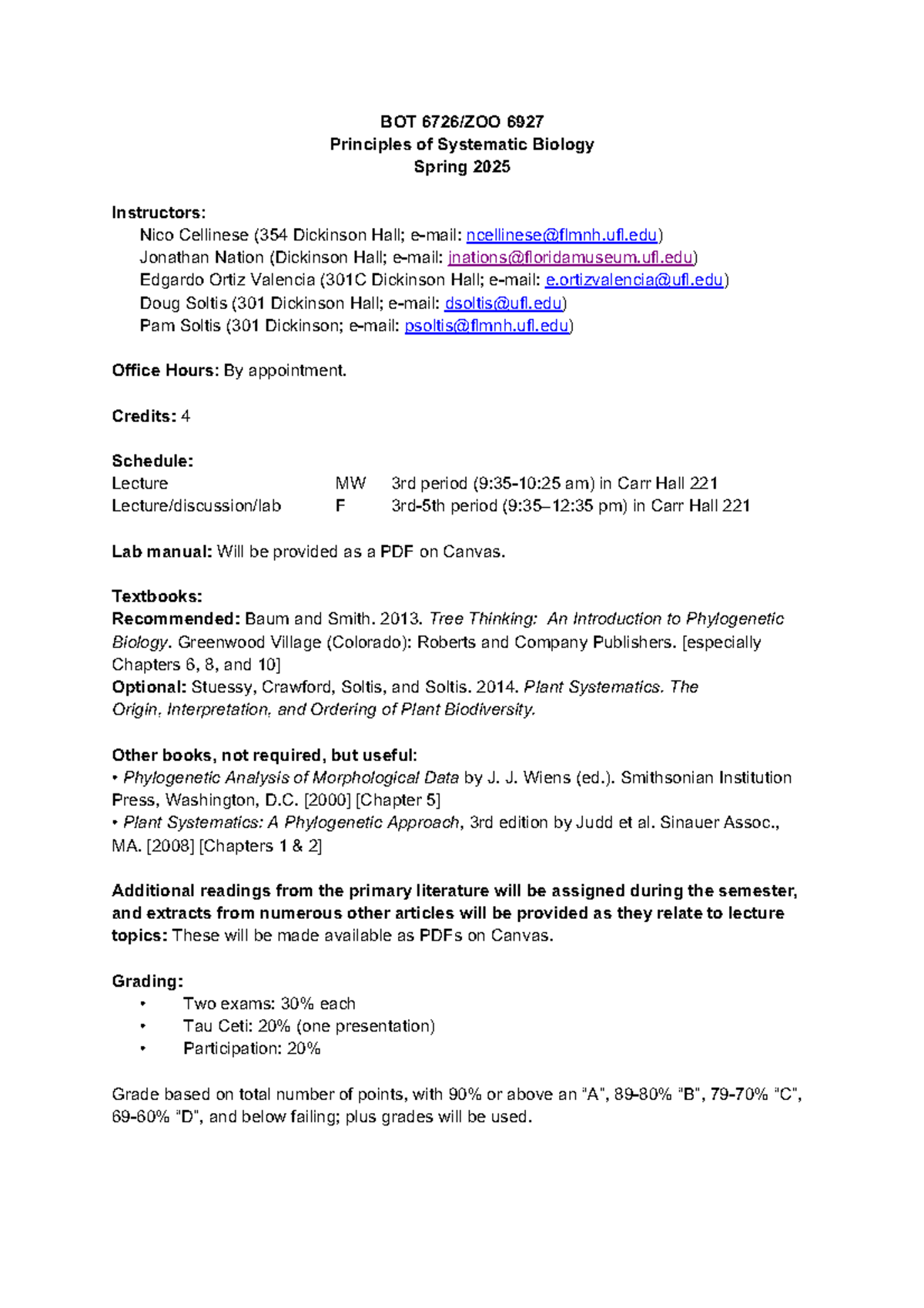 BOT 6927 Principles of Systematic Biology Syllabus Spring 2025 - Studocu