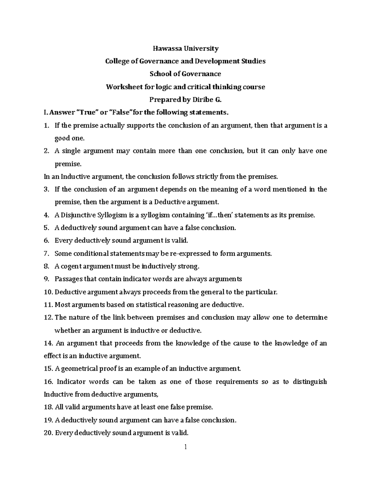 Logic and Critical Thinking Worksheet (GDS 101) - Studocu