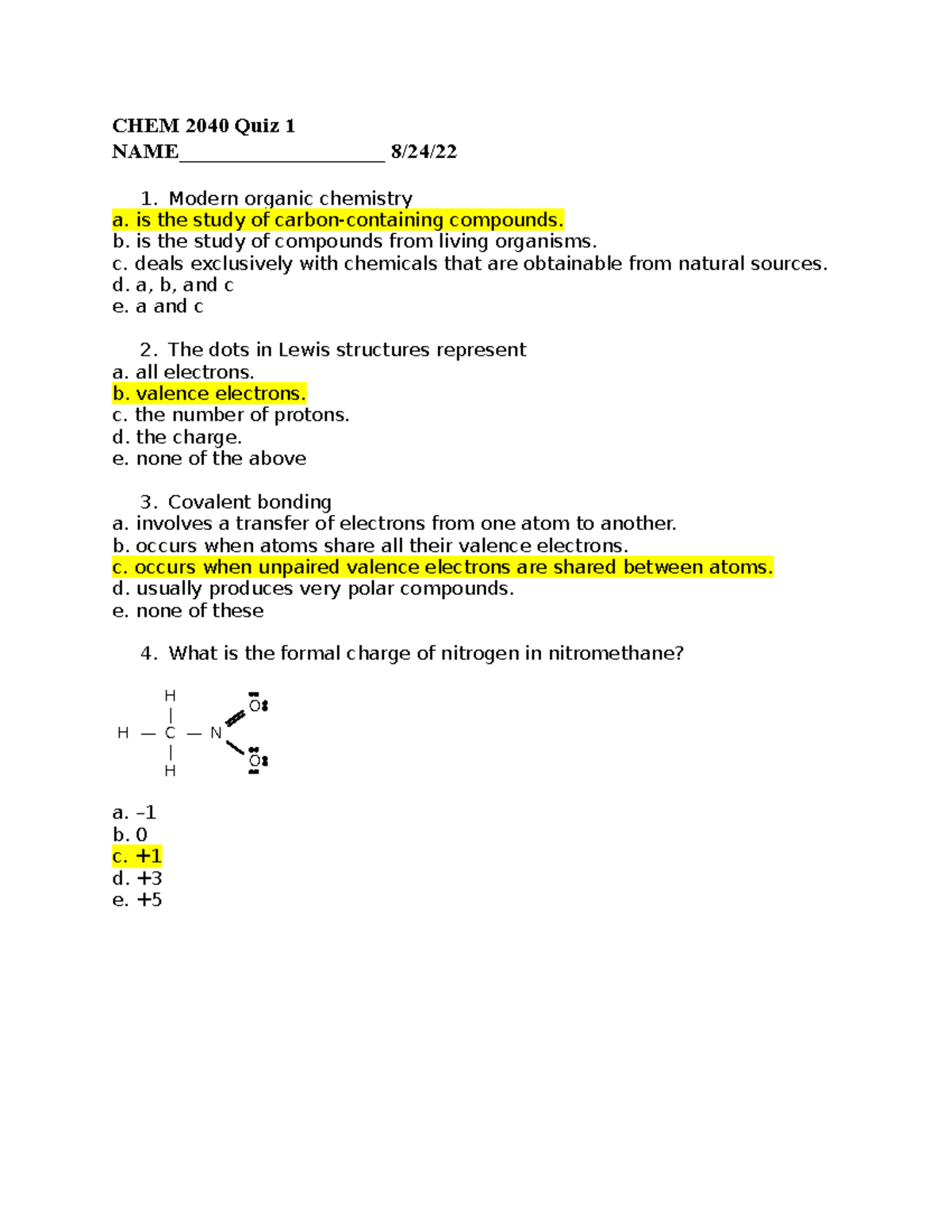 Chem 2040 quiz 1 2022 - CHEM 2040 Quiz 1 NAME___________________ 8/24 ...