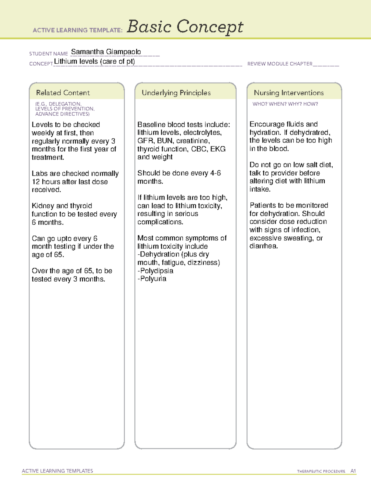 Lithium levels - NUR 136 - ACTIVE LEARNING TEMPLATES TherapeuTic ...