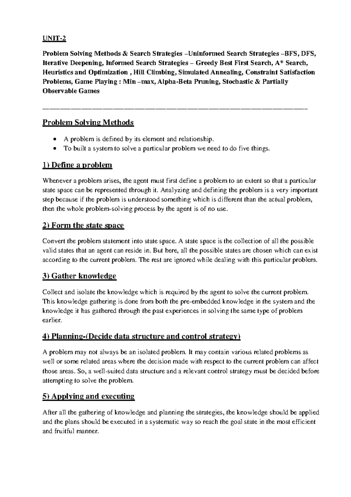 Unit-2 CSE 4th St1 - AI Problem Solving & Search Strategies - Studocu