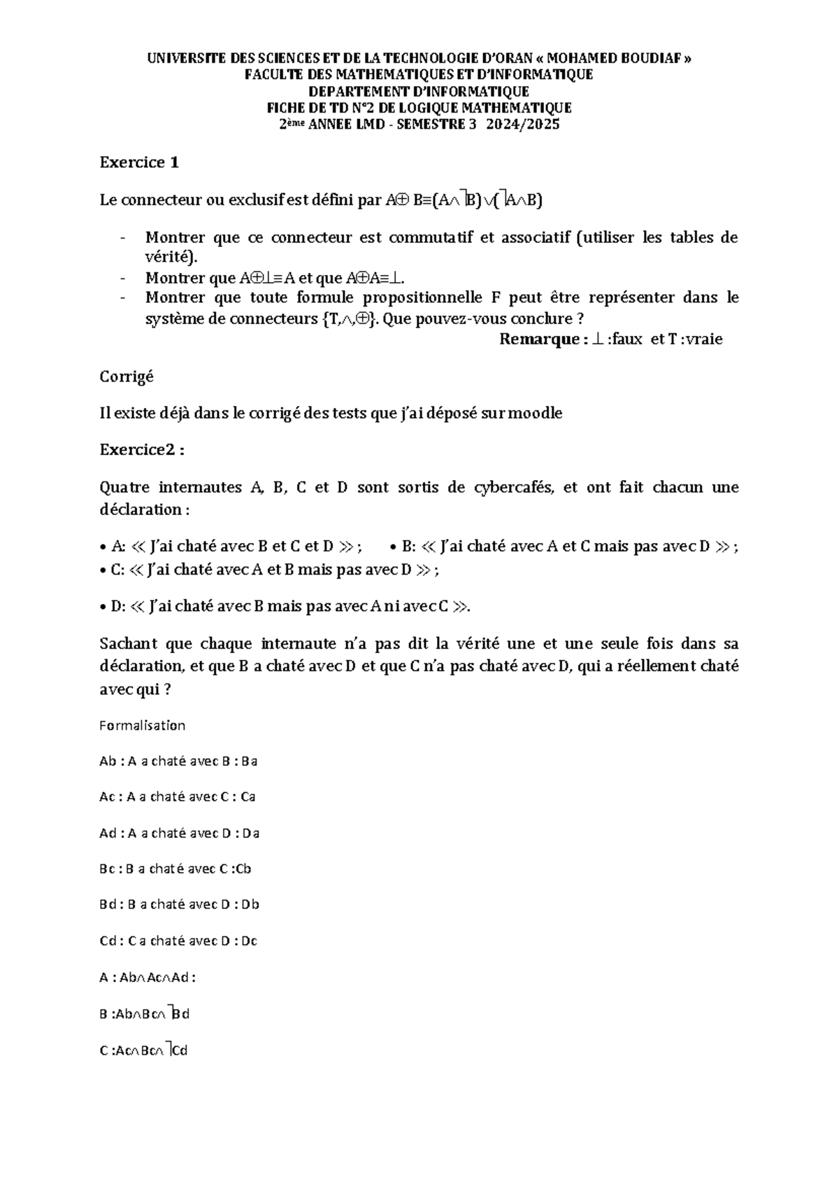 TD2 LOG - University USTO LOG L2 Informatique LMD - FACULTE DES ...