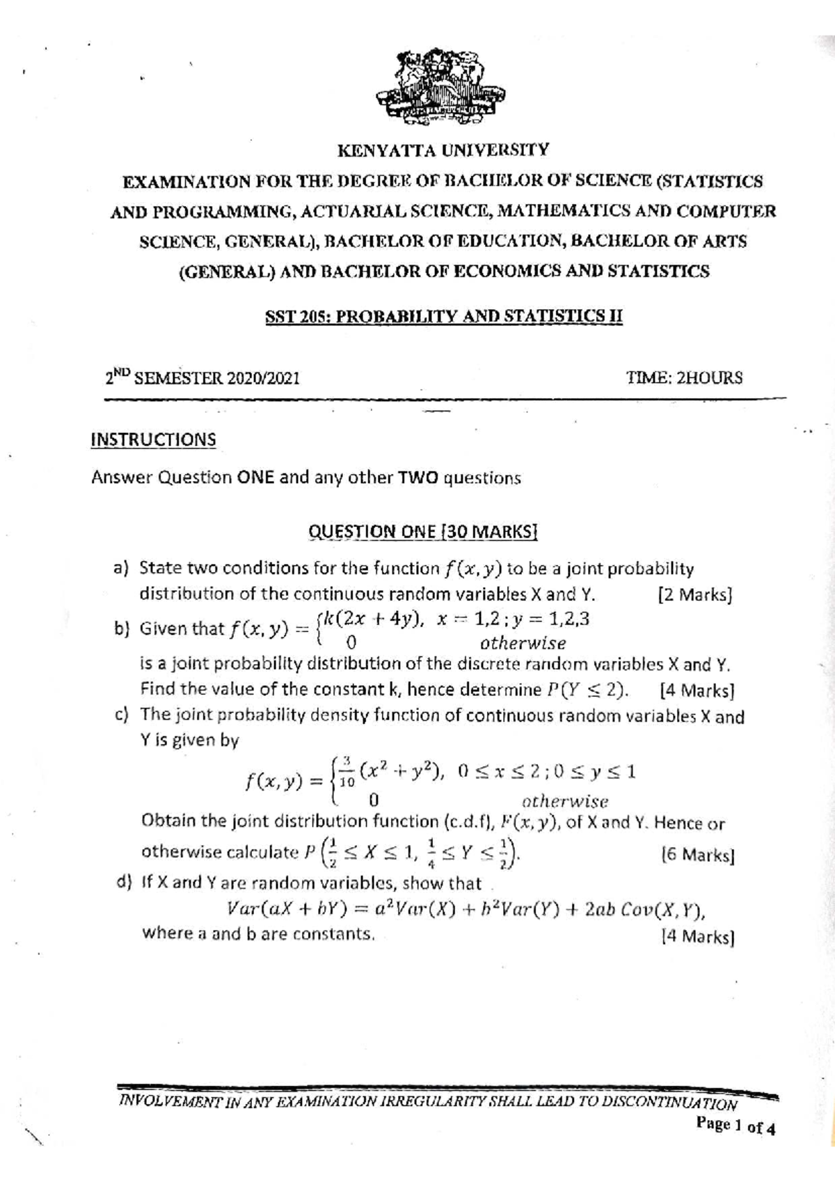 SST 205: Probability and Statistics II Exam Paper by Eugene Akoko Telo ...