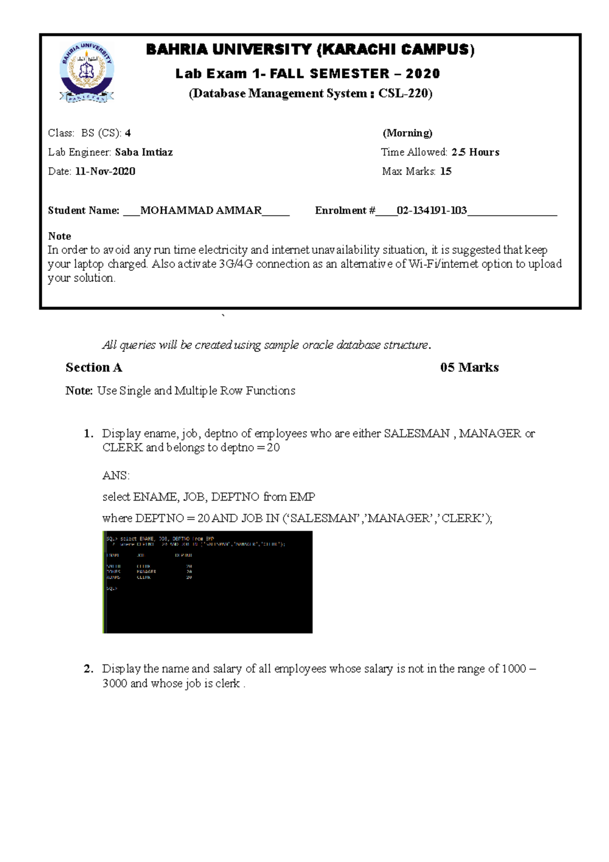 Lab Exam Database Management System BSCS - ` All queries will be ... Lab Exam Database Management System BSCS - ` All queries will be ...