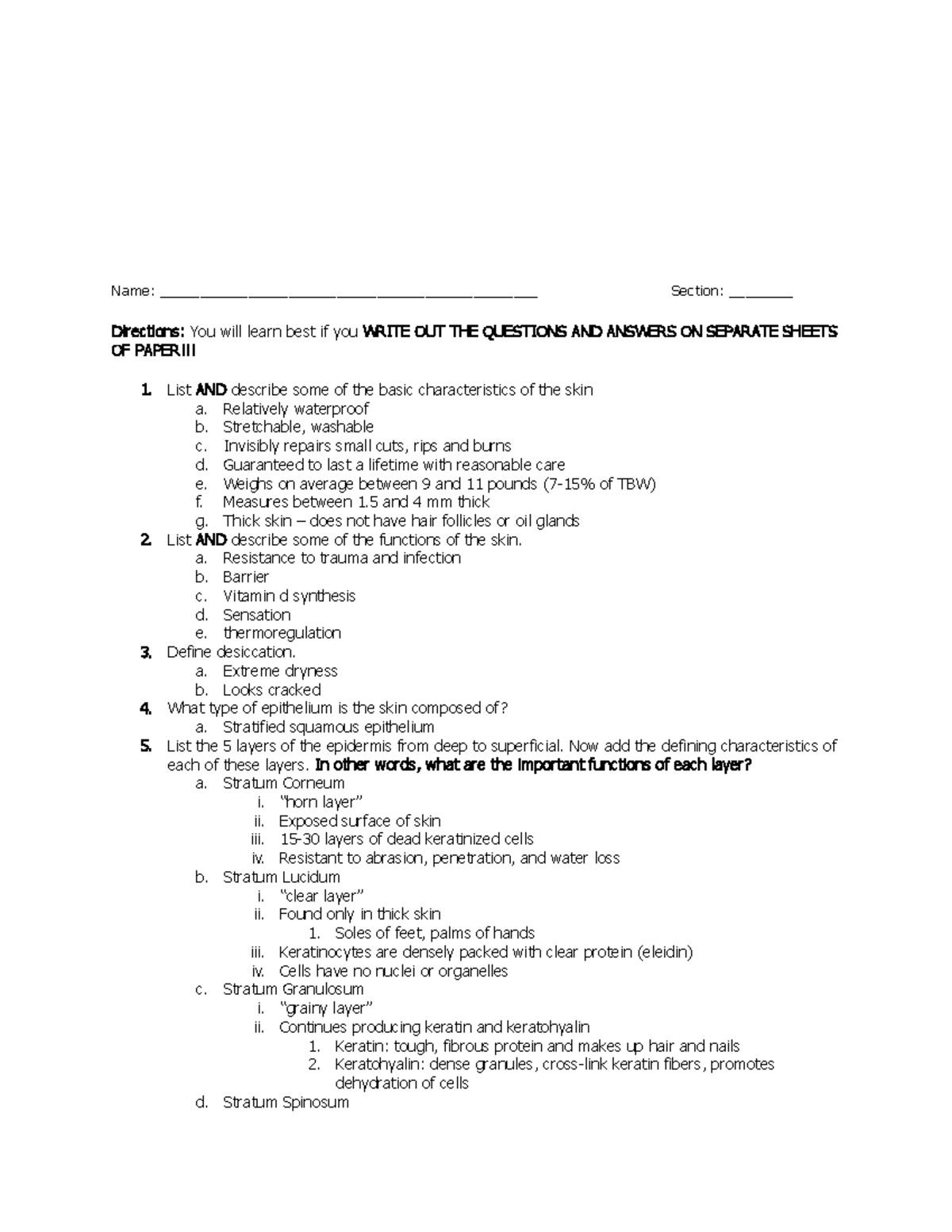 Integumentary System Review Guide (BIO101) - Studocu