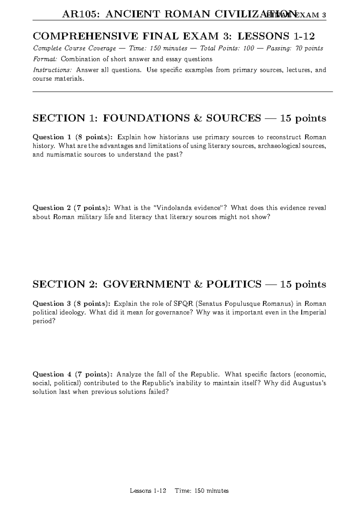 AR105: ANCIENT ROMAN CIVILIZATION FINAL EXAM 3 STUDY GUIDE - Studocu