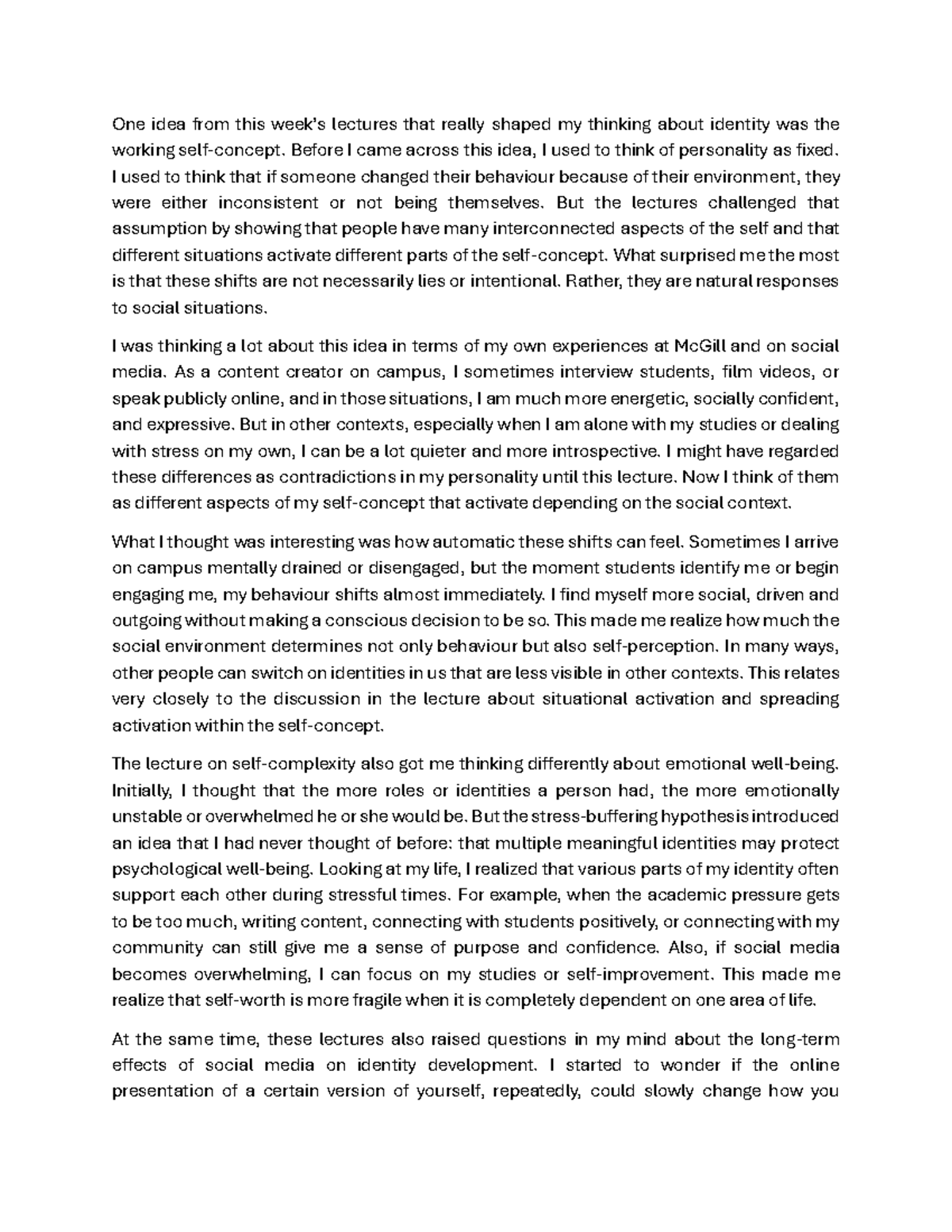 WEEK 1 PSYC 333 Lecture Reflection on Identity and Self-Concept - Studocu