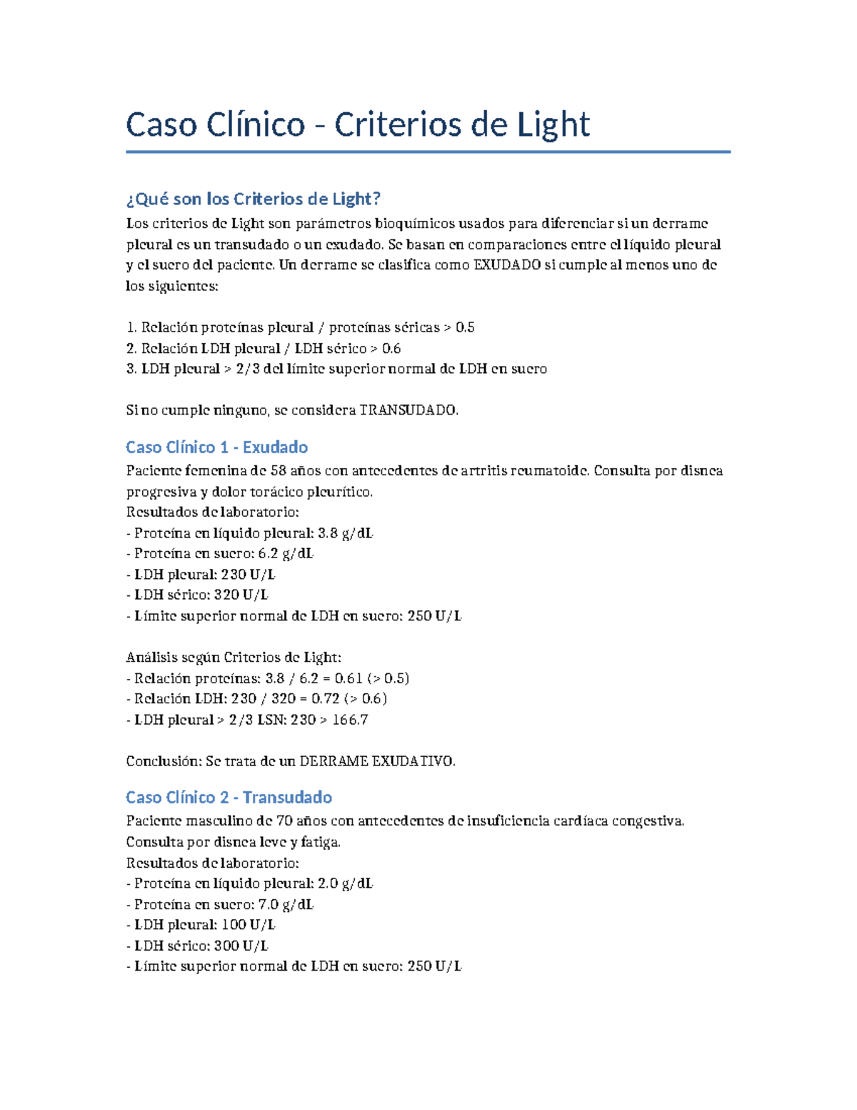 Caso Clínico: Análisis de Criterios de Light en Derrames Pleural - Studocu