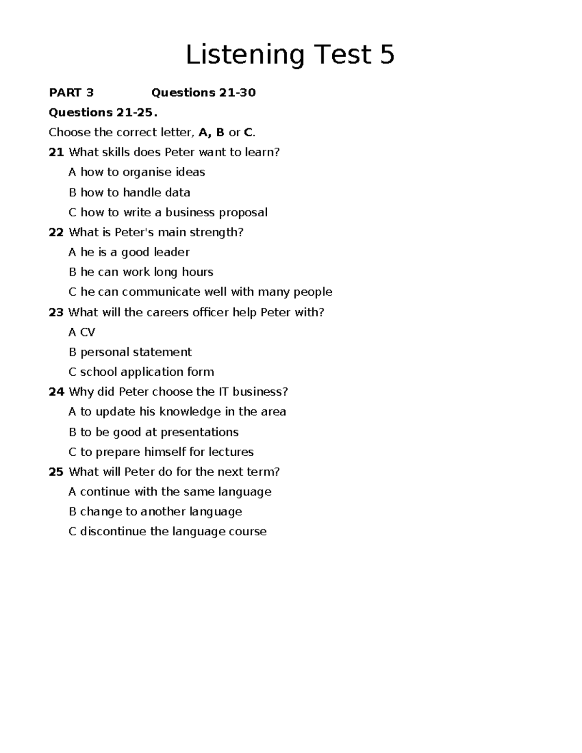 Listening Test 5-10 Part 3 Questions and Answers - Studocu