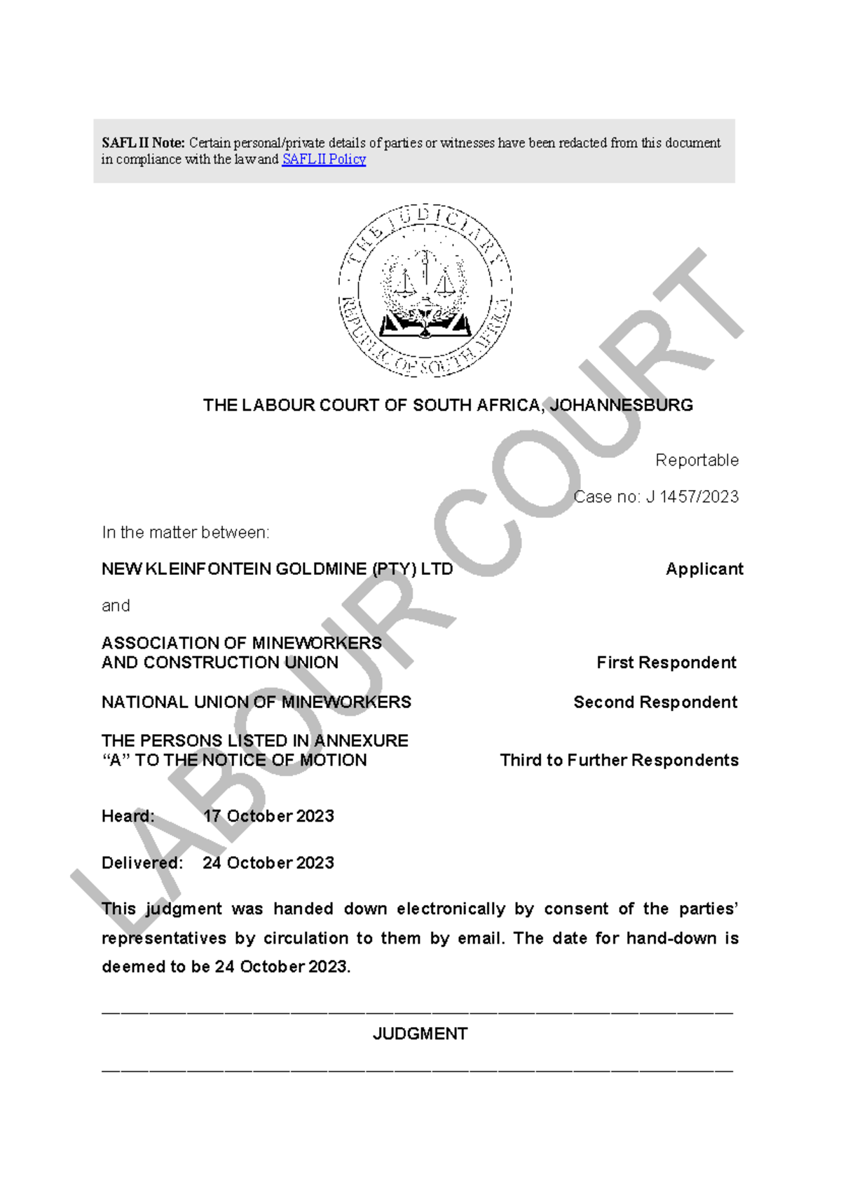Labour Court Case J: Interdict Against Unprotected Strike - CSA Issues ...