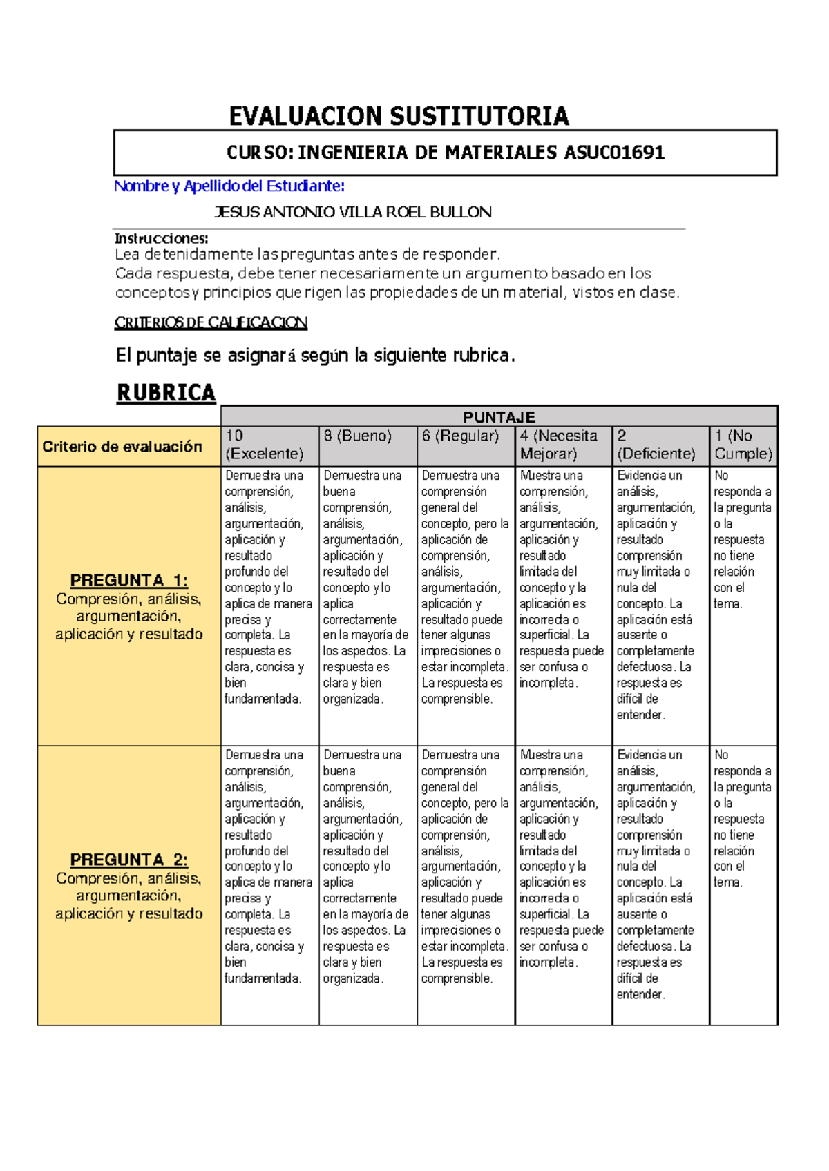 Examen Sustitutorio ASUC01691: Ingeniería de Materiales 2026-10A - Studocu