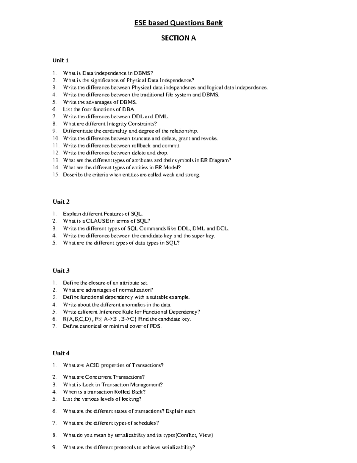 ESE Question Bank for DBMS - Comprehensive Study Guide - Studocu