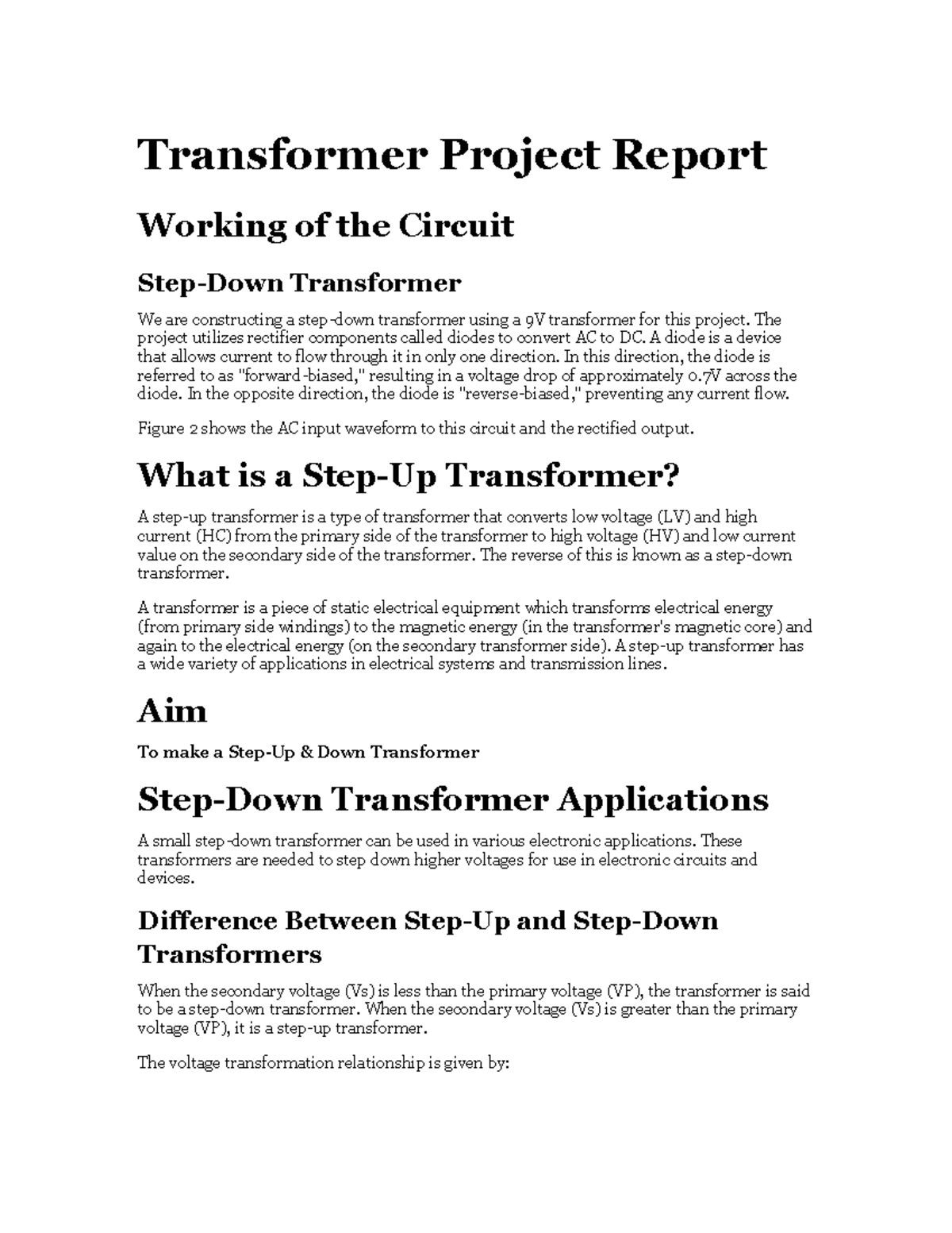Document - Happy - Transformer Project Report Working of the Circuit ...