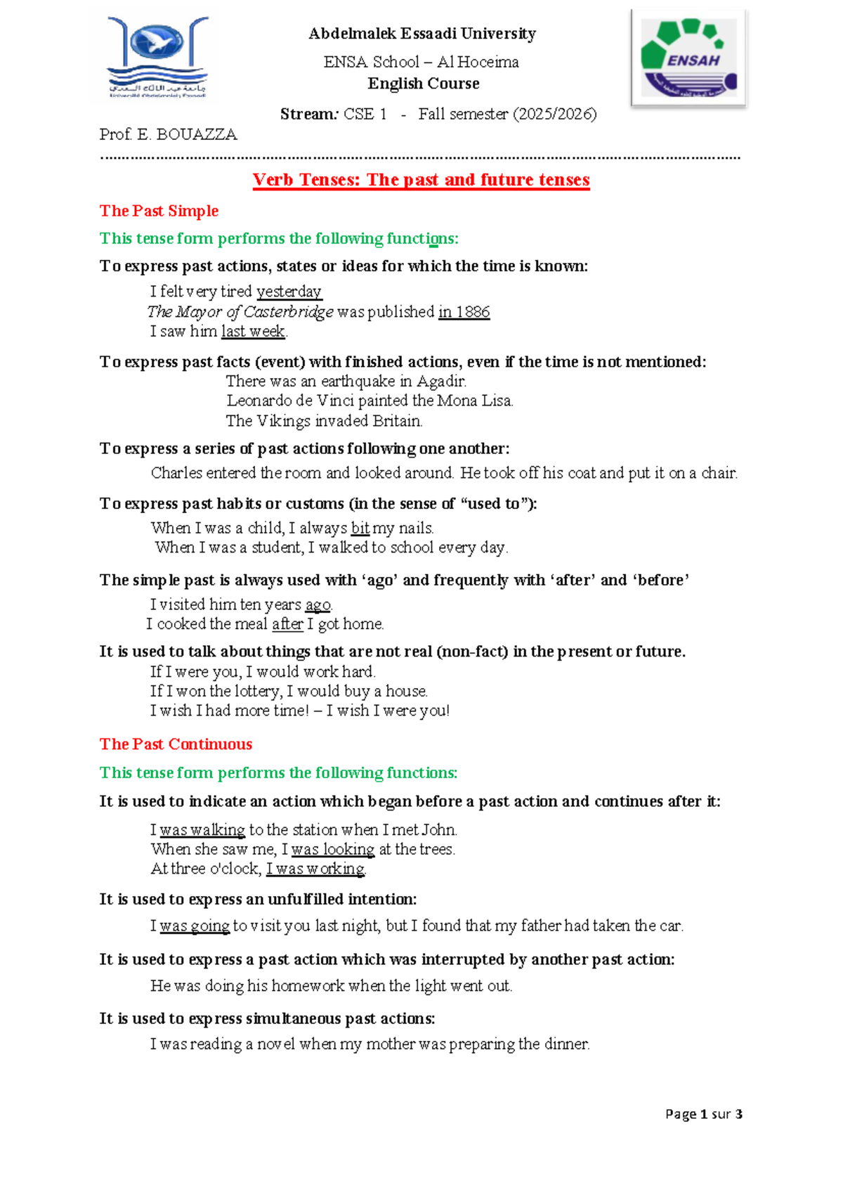 Verb Tenses Overview: Past & Future Tenses - CSE 1 Fall Semester - Studocu