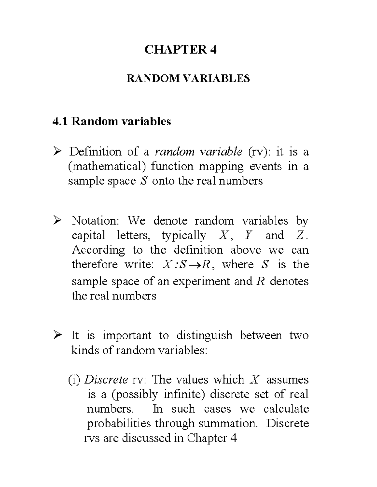 Chapter 4 summary - chpt 4 - CHAPTER 4 RANDOM VARIABLES 4 Random variables Definition of a ...