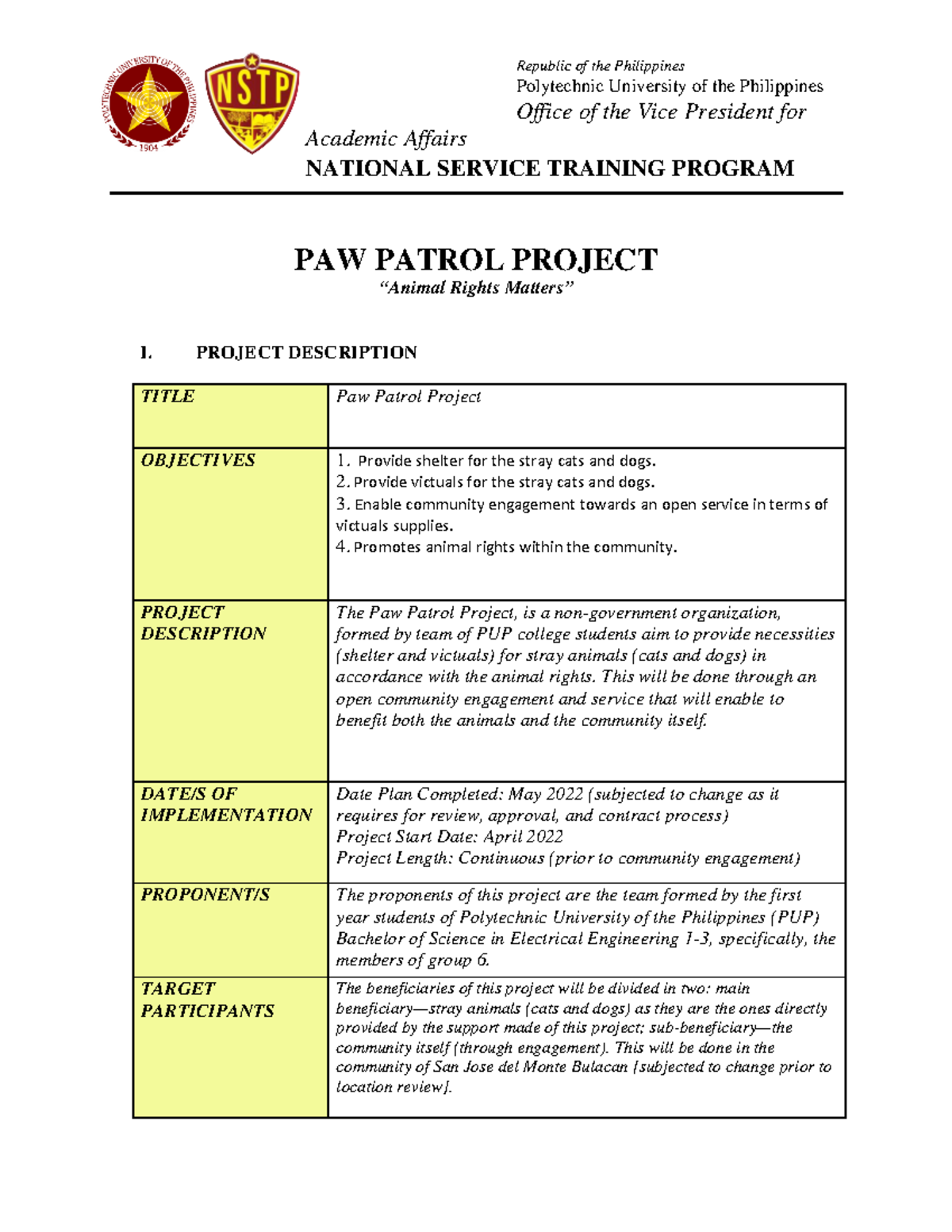NSTP Project Proposal: Paw Patrol for Animal Rights Initiative - Studocu