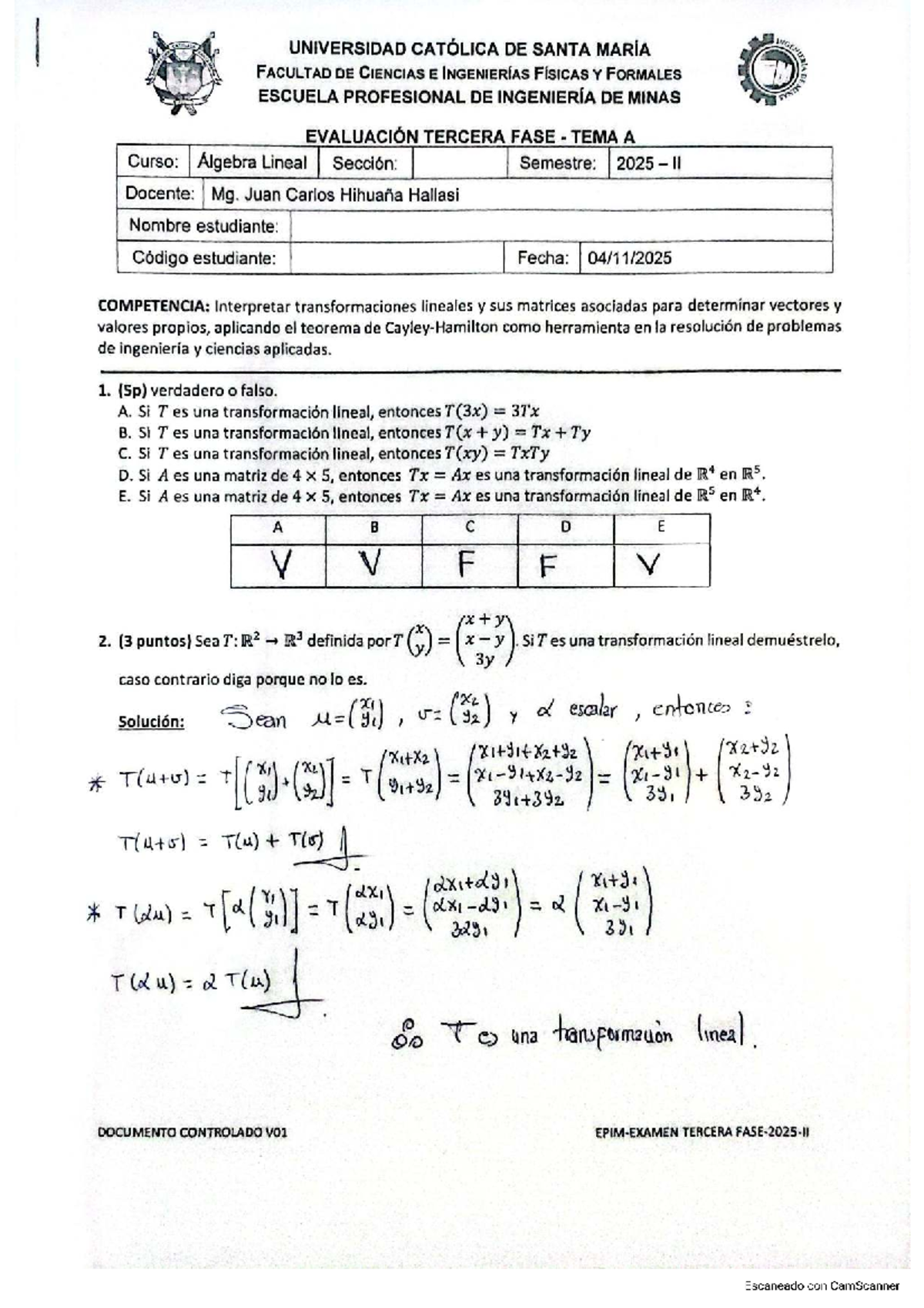 Examen 2025 II - Álgebra Lineal: Tercera Fase, Tema A - Studocu