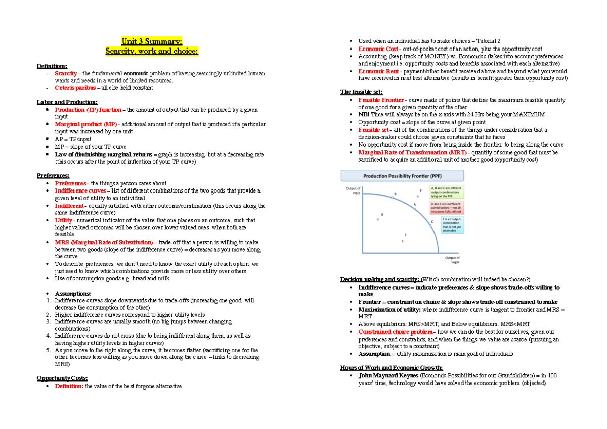 Unit 3 summary - unit 3 - Unit 3 Summary: Scarcity, work and choice ...