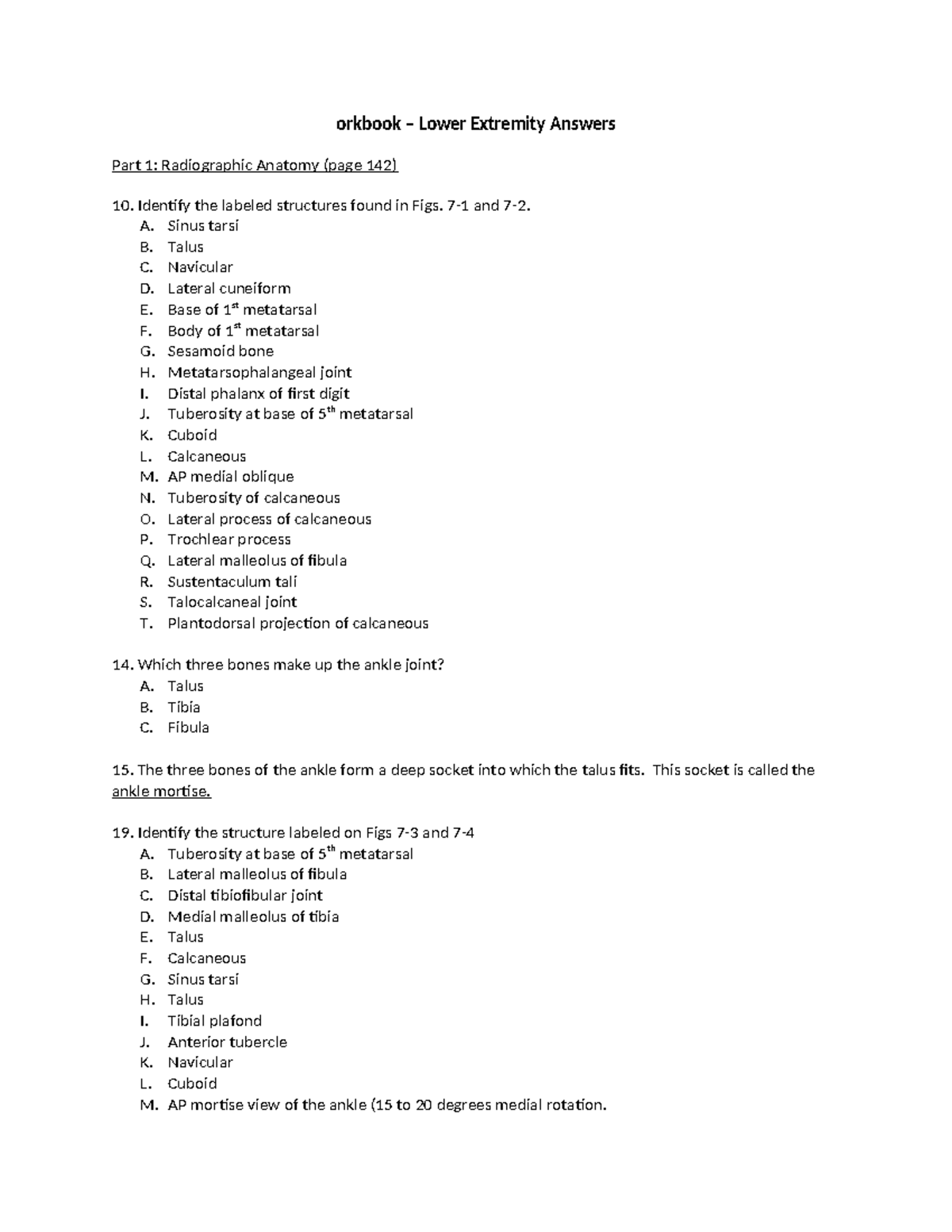 Workbook Lower Extremity Radiographic Anatomy Answers (Part 1) - Studocu