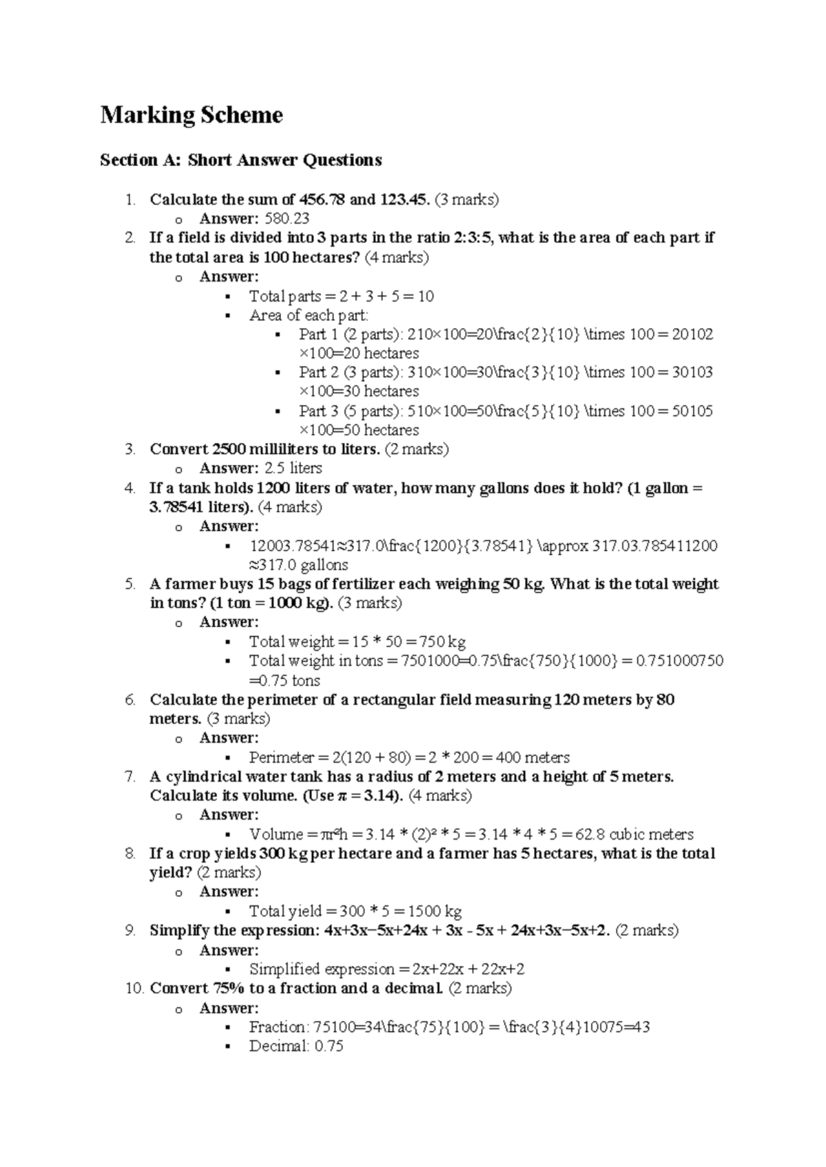 Marking Scheme for Section A & B: Short and Extended Answer Questions ...