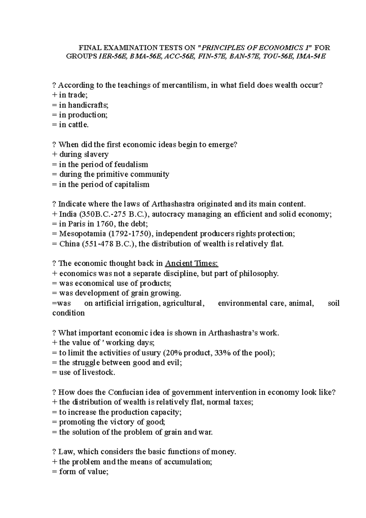 History OF Economic Thought Final - FINAL EXAMINATION TESTS ON ...