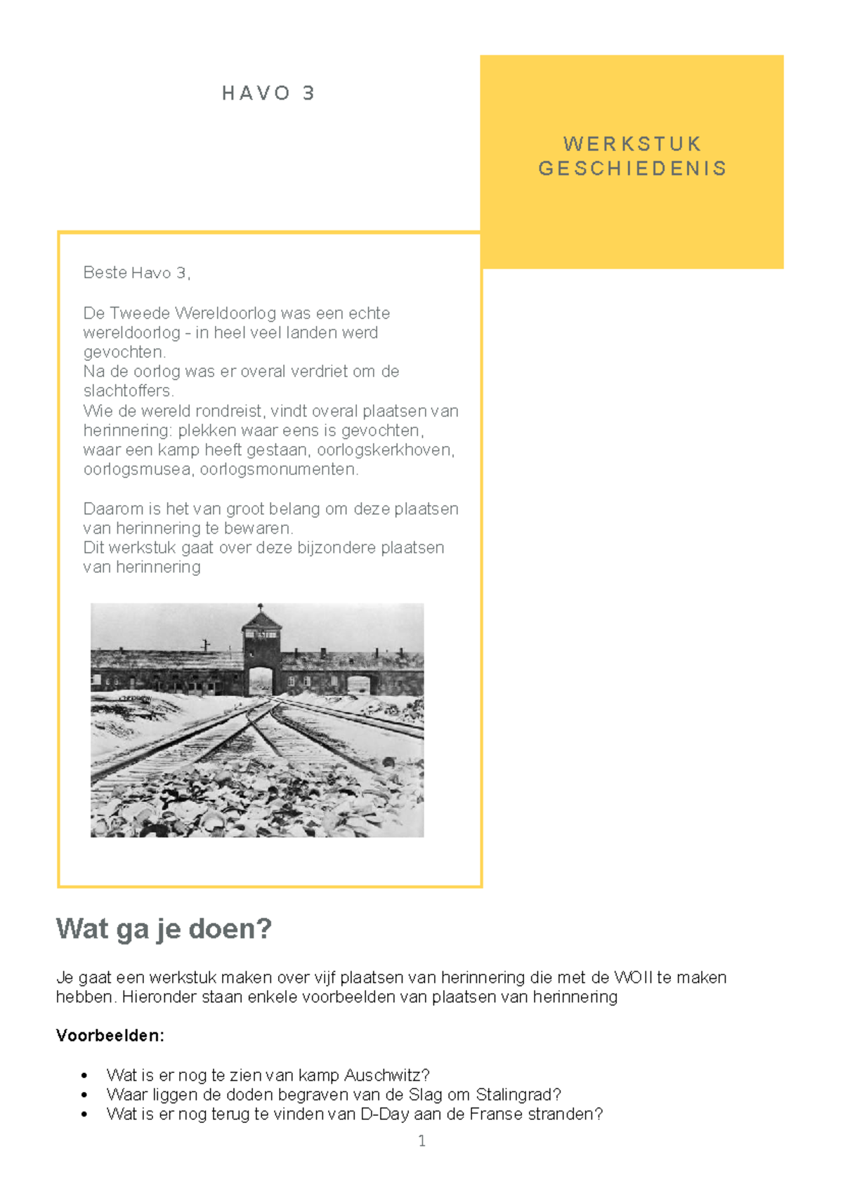 HAVO 3 WERKSTUK: Vijf Plaatsen van Herinnering uit de WOII - Studeersnel