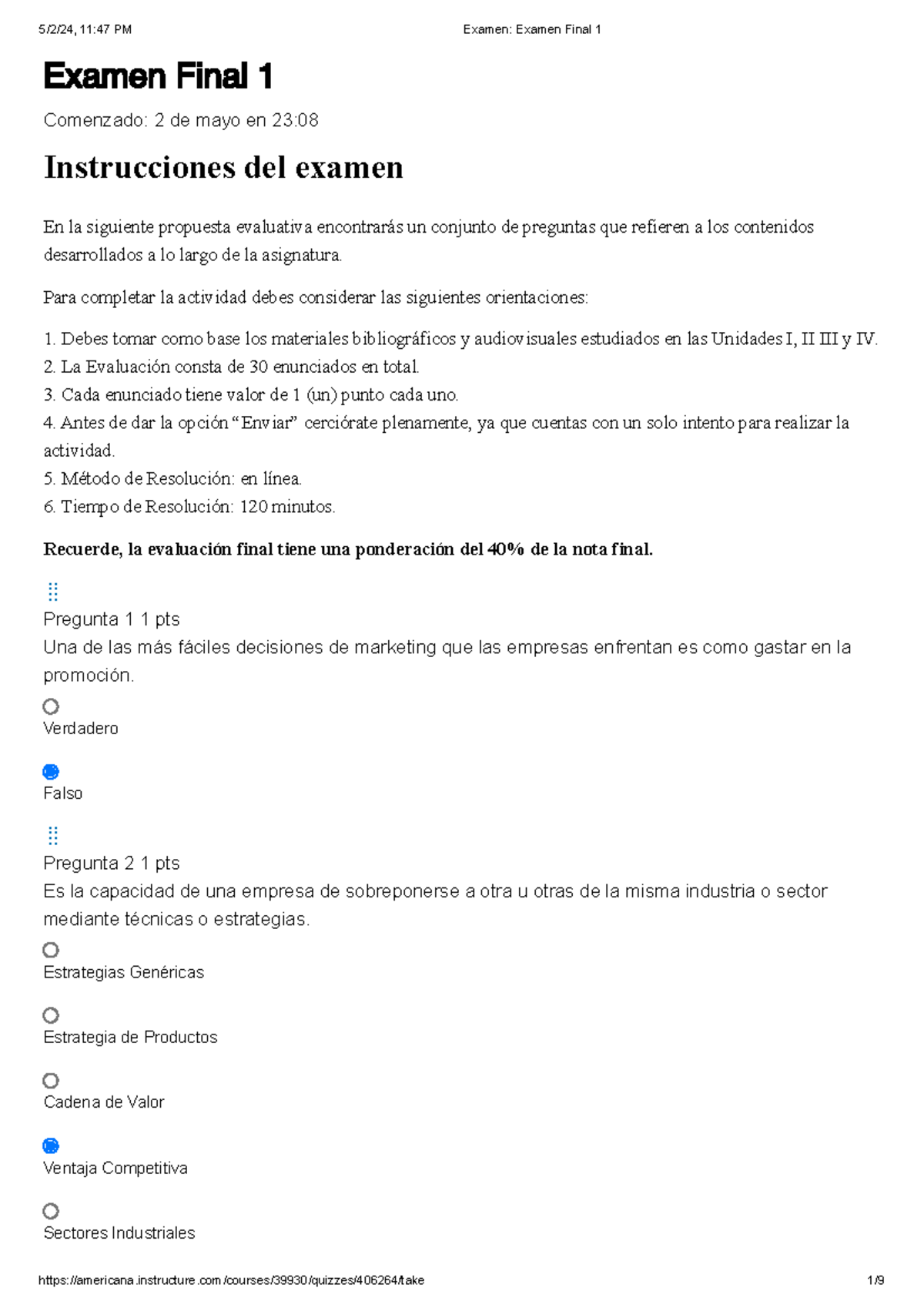 Examen Final 1 Marketing Estratégico - Preguntas y Respuestas - Studocu