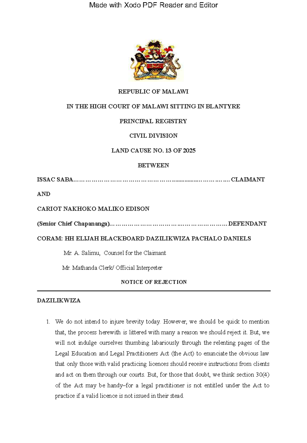 REPUBLIC OF MALAWI HIGH COURT LAND CAUSE NO. 13 OF 2025 - NOTICE OF ...