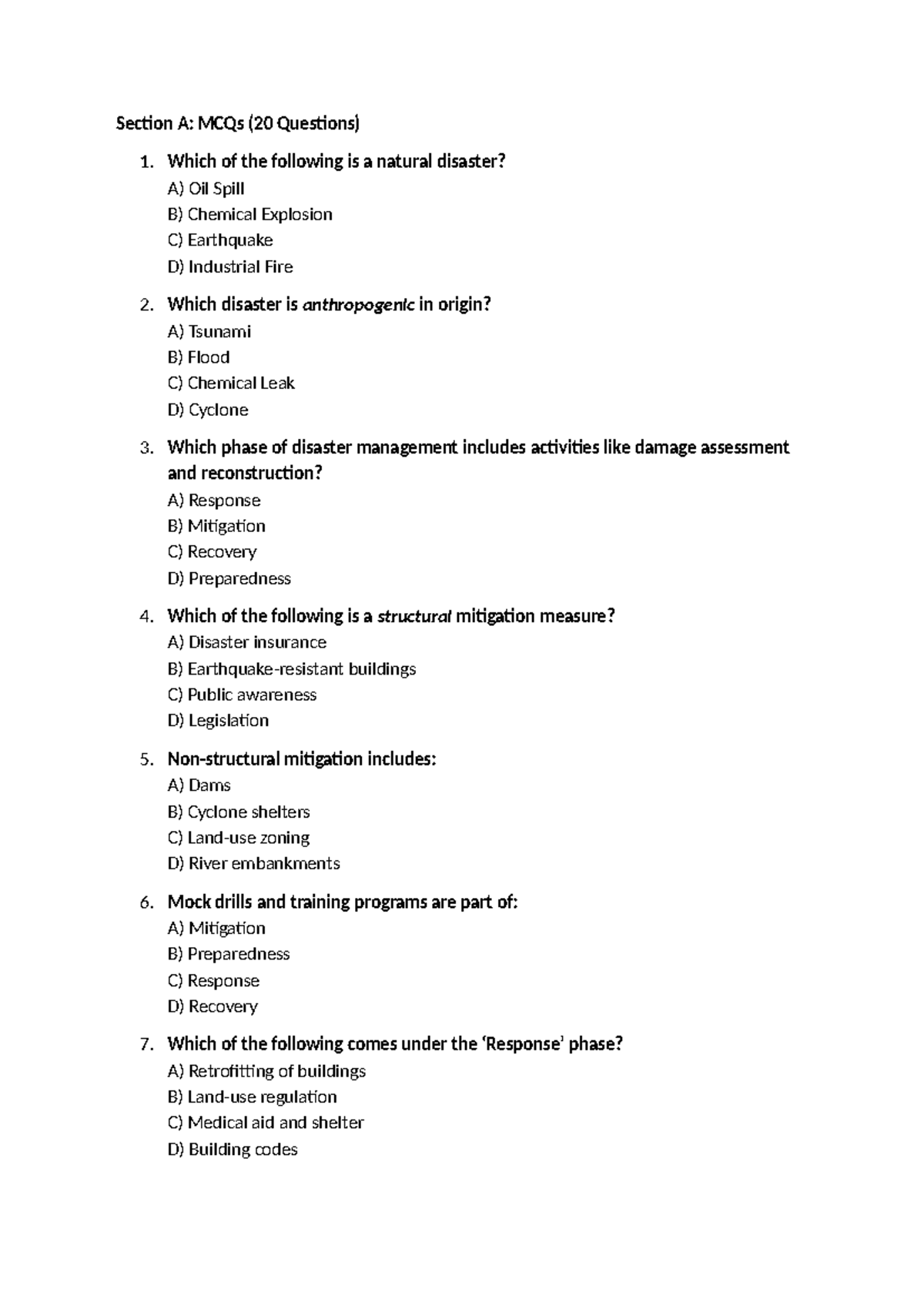 Disaster Management MCQs - Section A (20 Questions) - Studocu