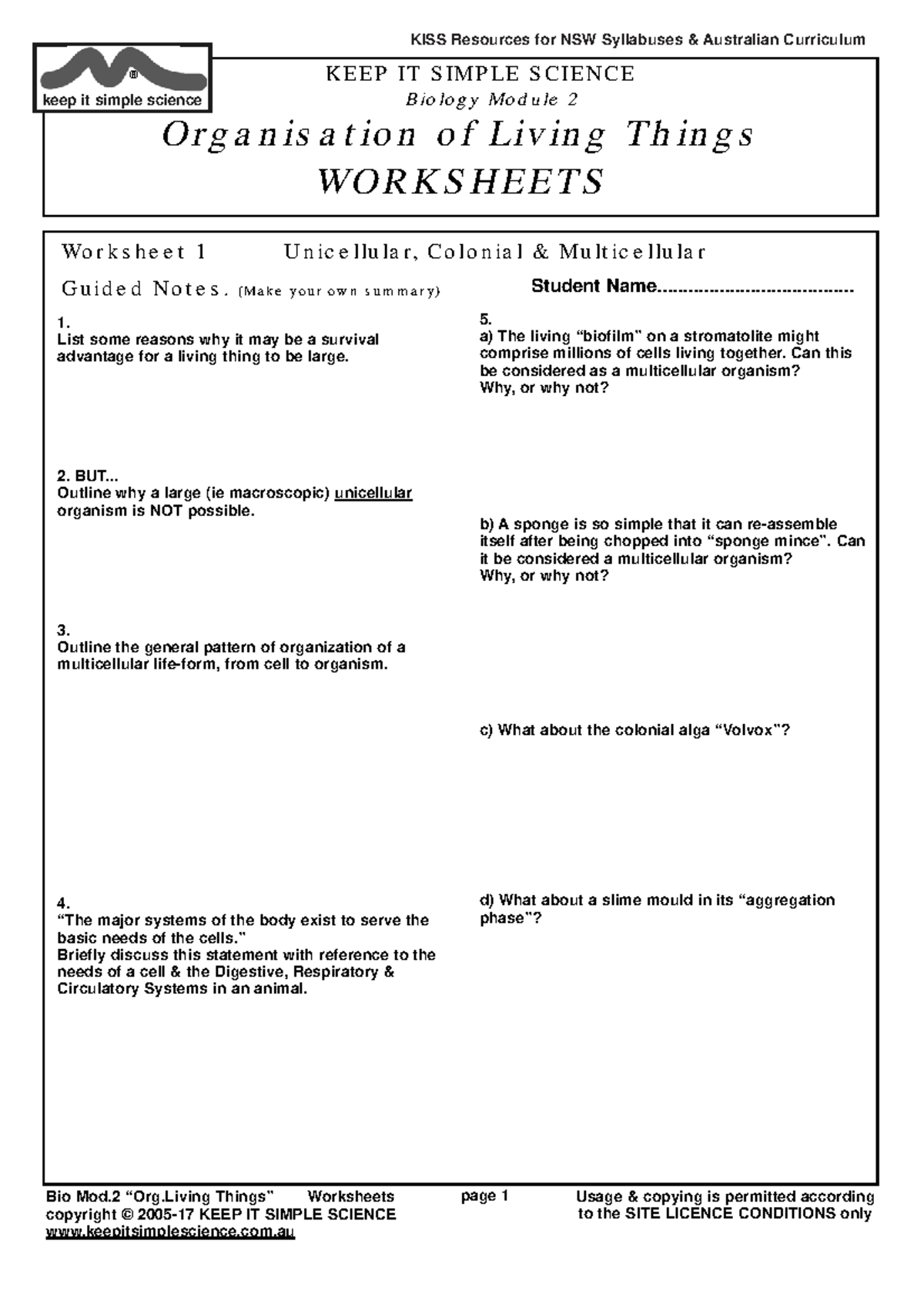 Bio Mod. 2 Worksheets: Organisation of Living Things & Systems - Studocu