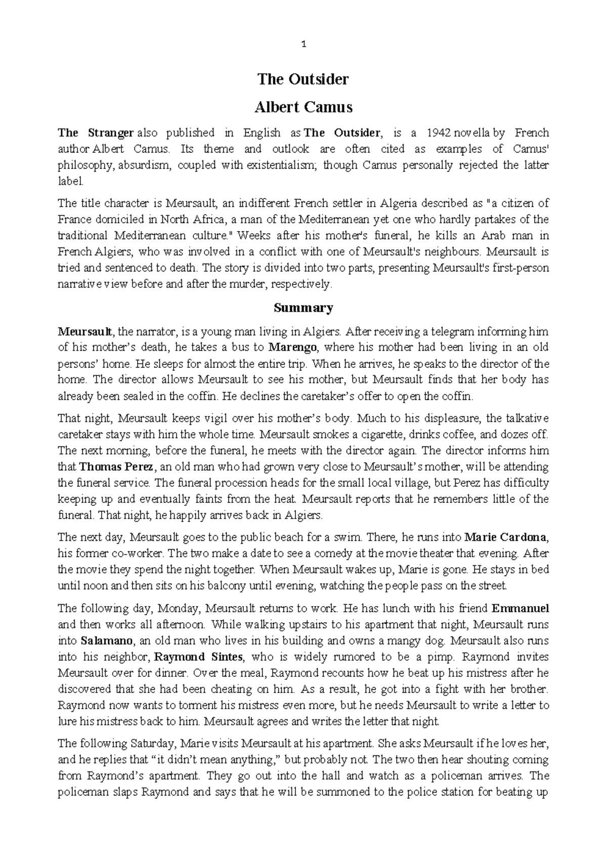 The Outsider (1) - Summary and Key Notes on Camus' Novella - Studocu